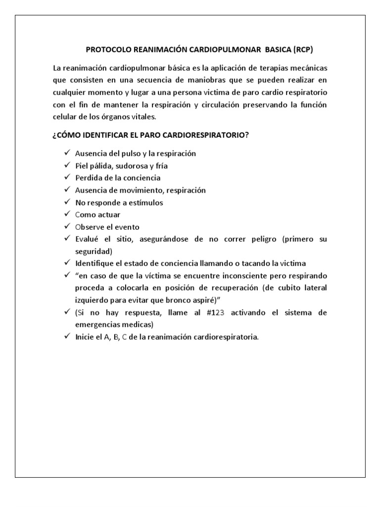 Protocolo RCP Basico | PDF | Reanimación cardiopulmonar | Paro cardíaco