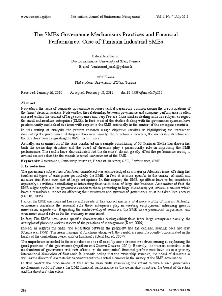 The Smes Governance Mechanisms Practices and Financial Performance ...