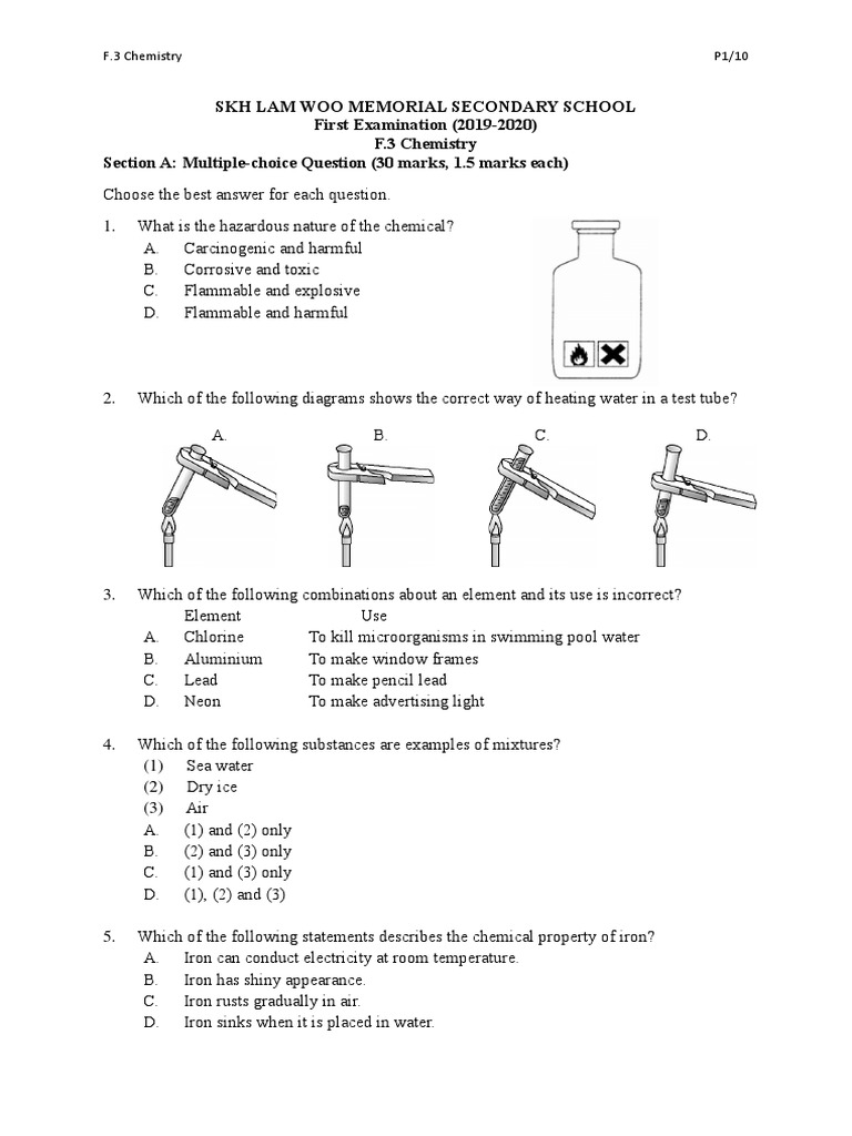 F.3 Chemistry Exam Paper 2019-2020 | PDF | Metals | Copper