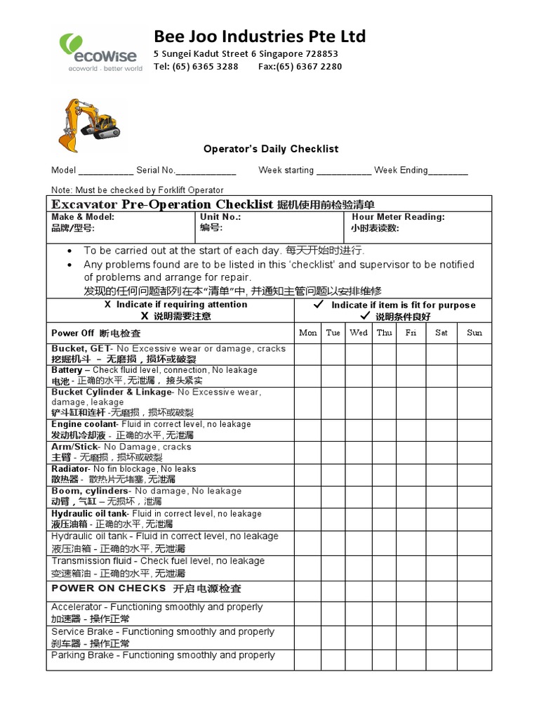 Excavator Checklist | PDF | Leak | Transport