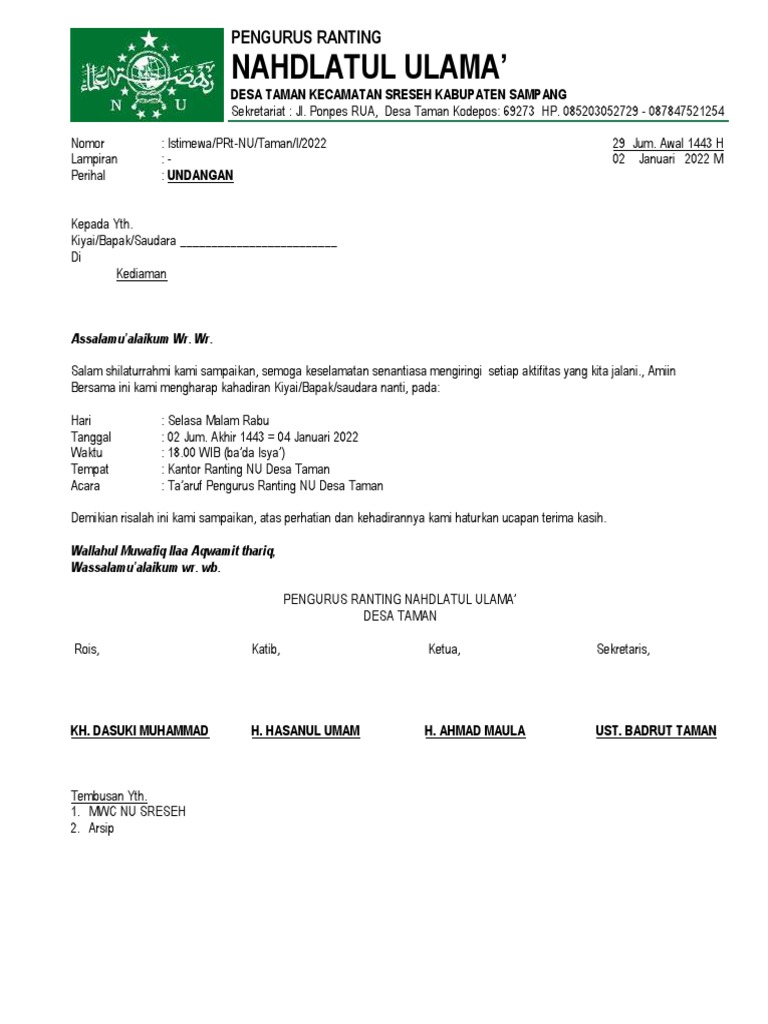 Surat Undangan Ranting NU Taman | PDF