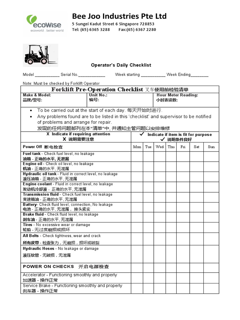 Daily Forklift Operator Checklist | PDF | Mechanical Engineering | Vehicles