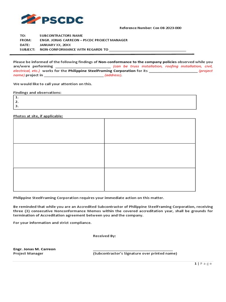 Subcon Memorandum Form For Non Compliance | PDF