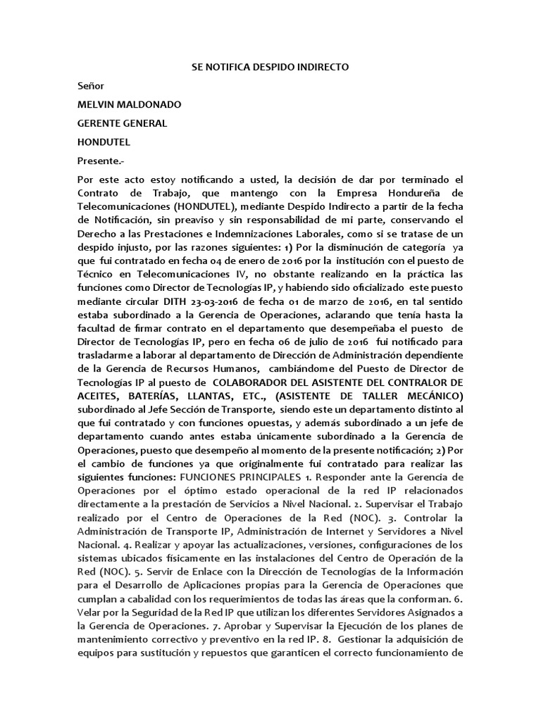 Se Notifica Despido Indirecto Melvin Maldonado Gerente General Hondutel ...