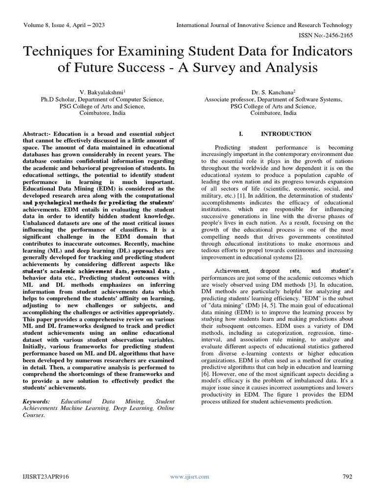 Techniques For Examining Student Data For Indicators of Future Success - A Survey and Analysis ...