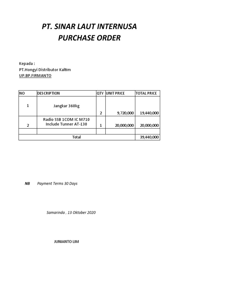 PT SINAR LAUT PURCHASE ORDER FOR ANCHOR AND RADIO | PDF