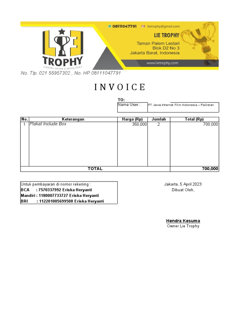 Invoice: No. Tlp. 021 55957302, No. HP 08111047791 | PDF