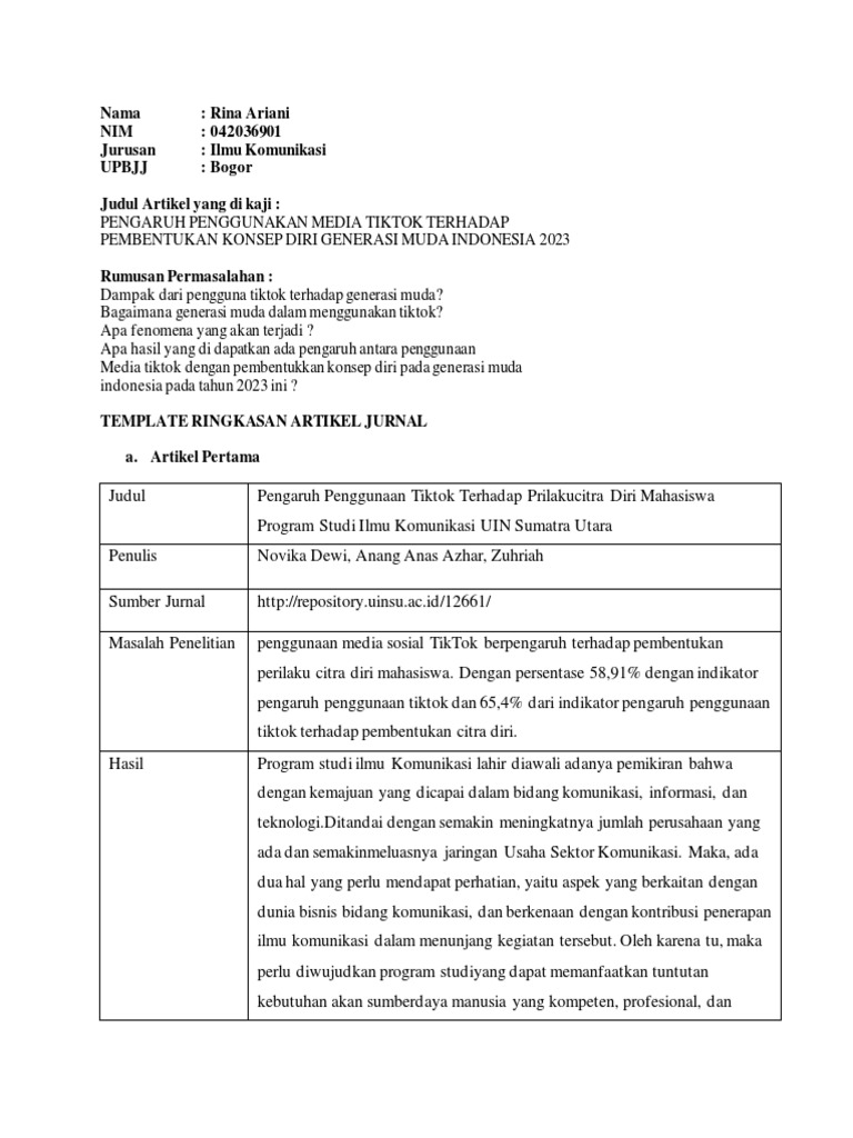 Nama: Rina Ariani NIM: 042036901 Jurusan: Ilmu Komunikasi Upbjj: Bogor ...