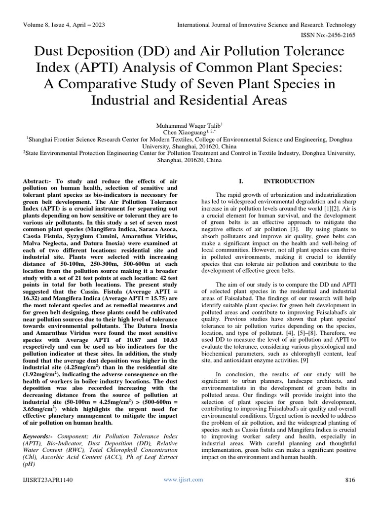 Dust Deposition (DD) and Air Pollution Tolerance Index (APTI) Analysis of Common Plant Species A ...