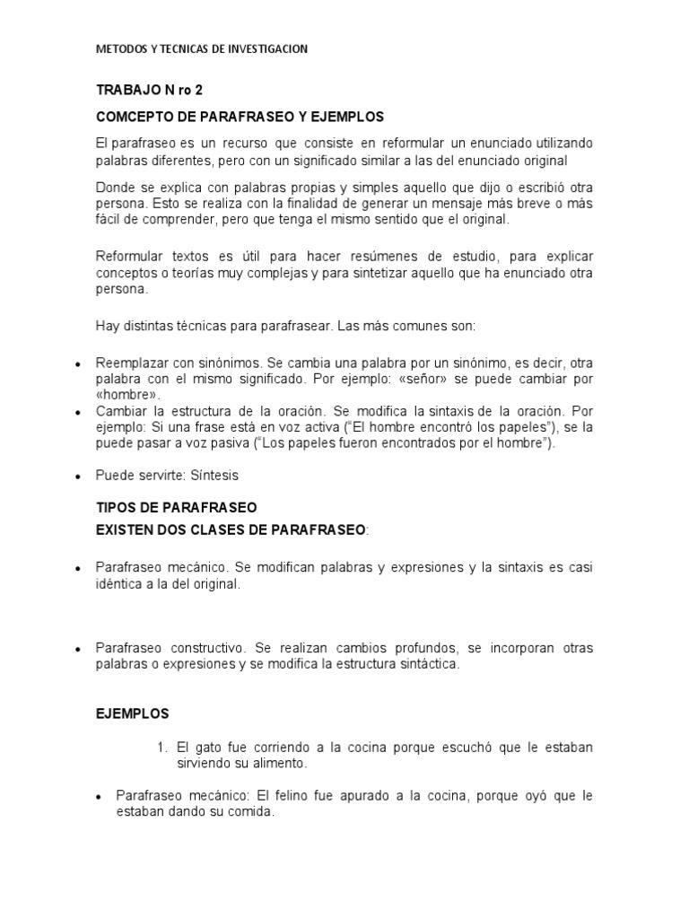 Trabajo N Ro 2 Comcepto De Parafraseo Y Ejemplos Pdf Oración