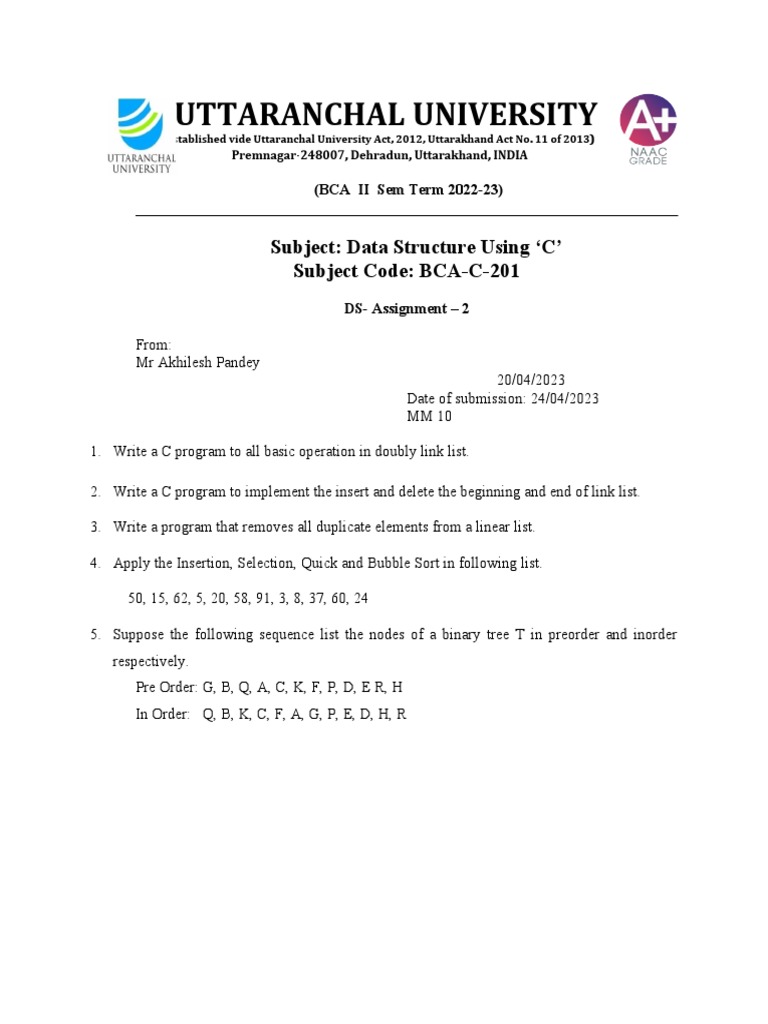 Uttaranchal University: Subject: Data Structure Using C' Subject Code ...
