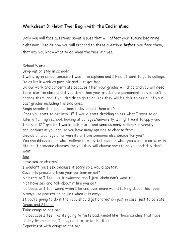 Begin with the End in Mind Worksheet | PDF