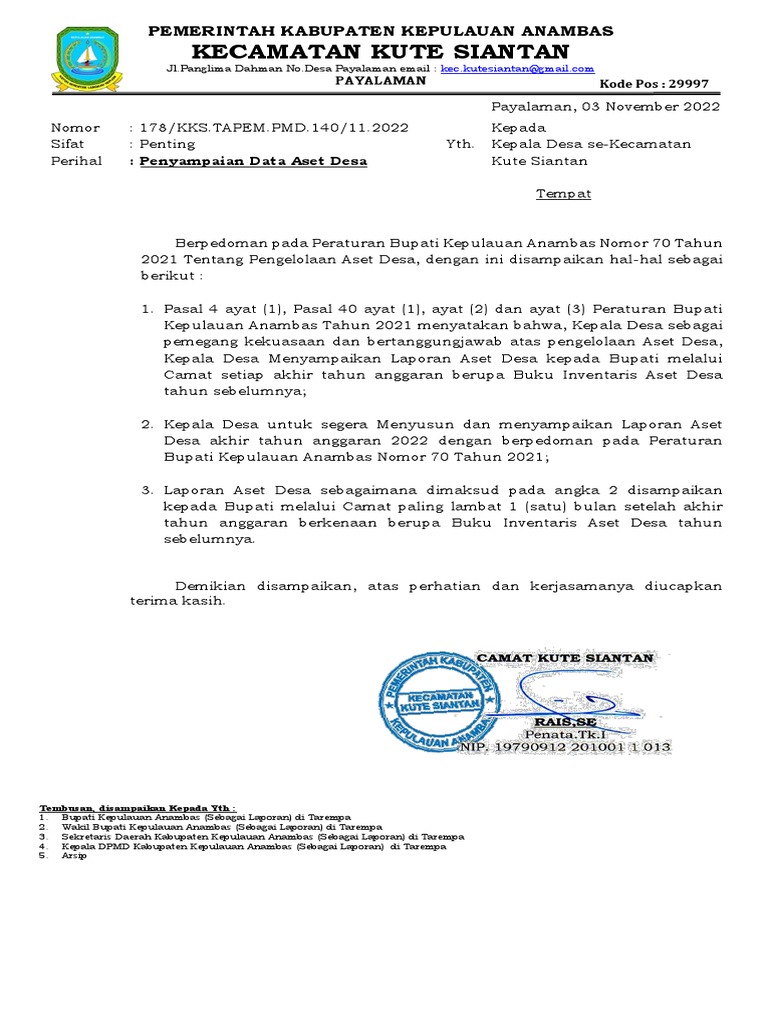 178.surat Penyampaian Aset Desa 2022 | PDF