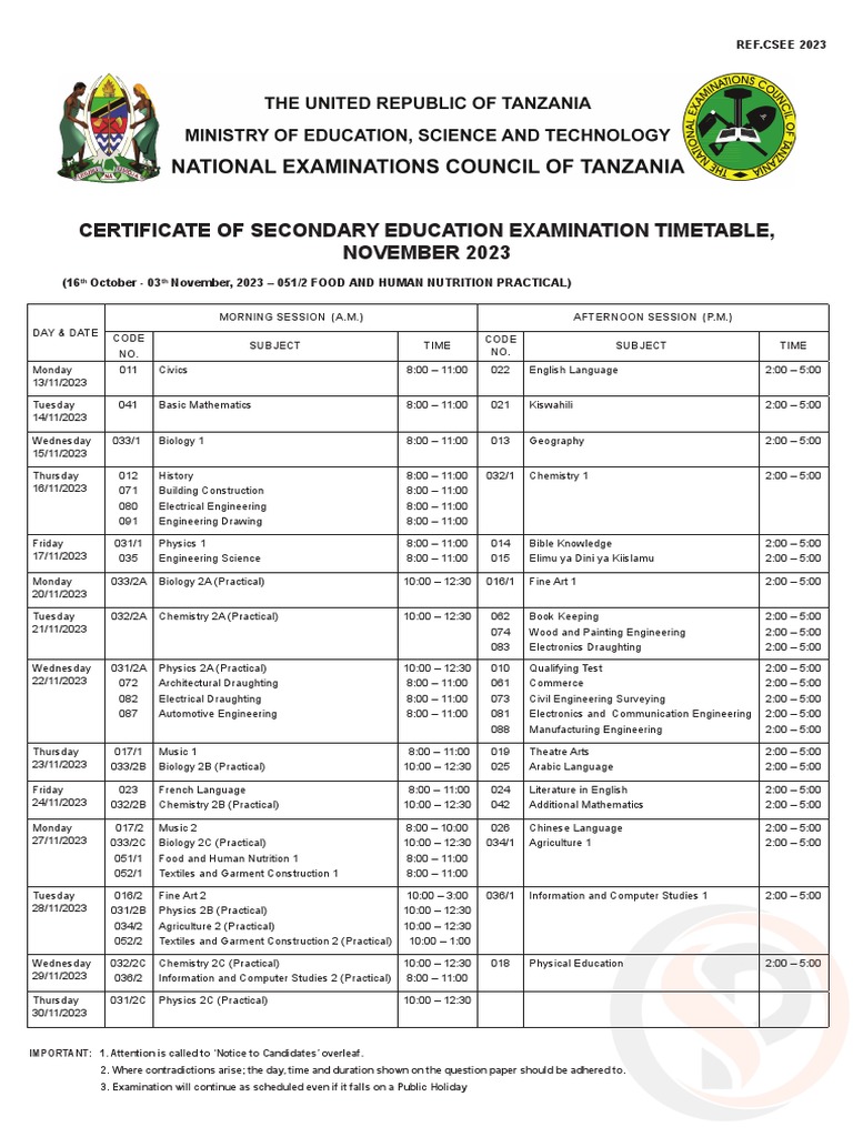 CSEE November 2023 Exam Timetable | PDF