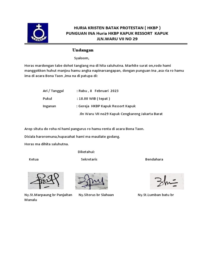 Surat Undangan Bonataon HKBP Kapuk | PDF
