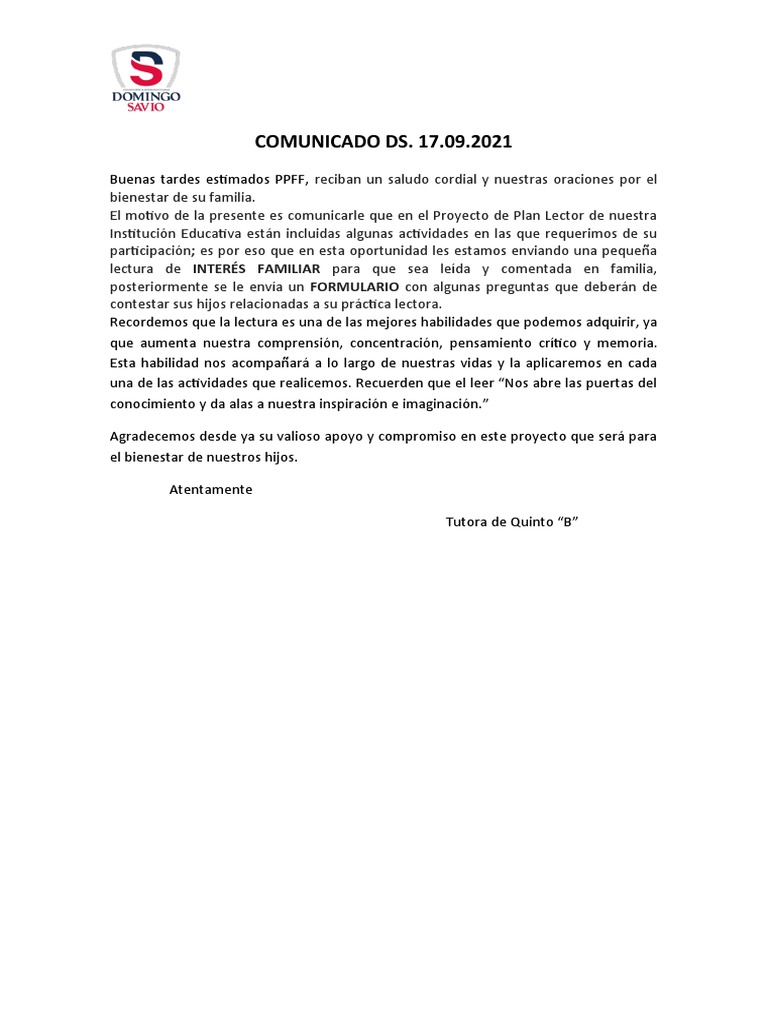 Comunicado PPFF - Plan Lector | PDF