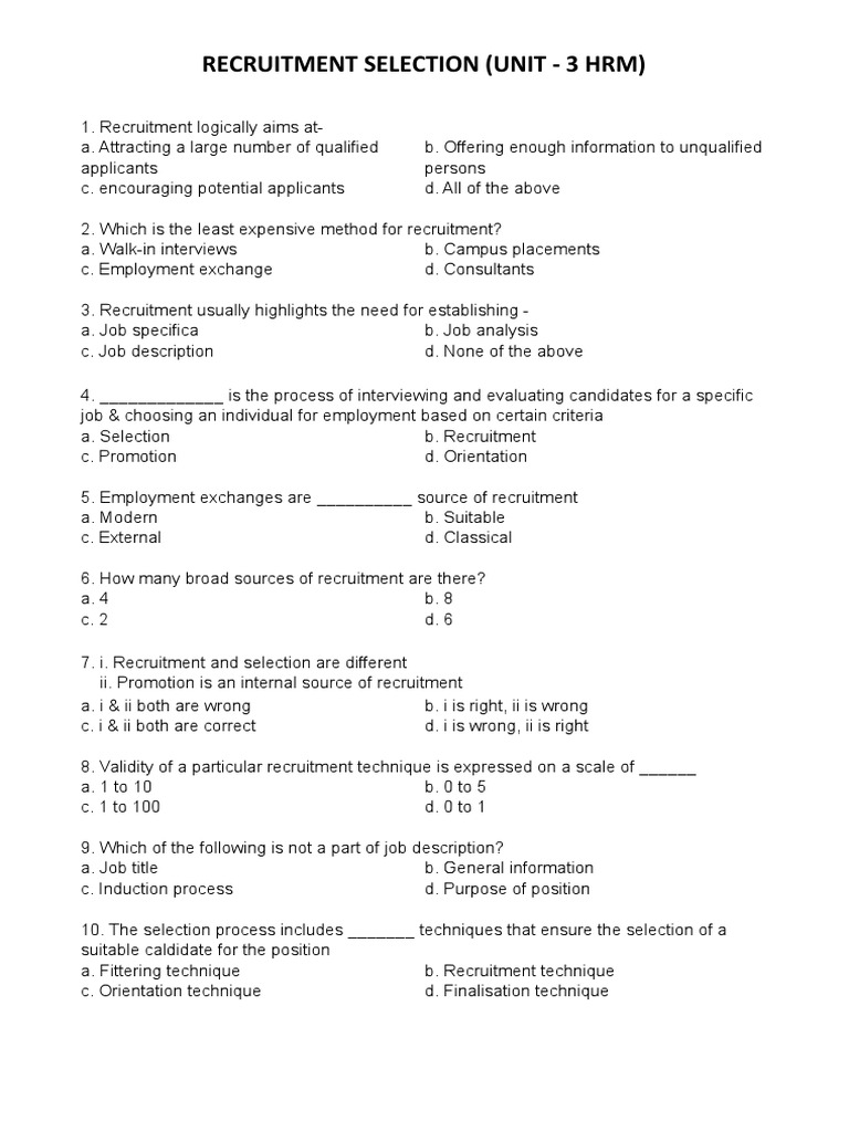 Unit 3 HRM Recruitment Selection MCQ | PDF