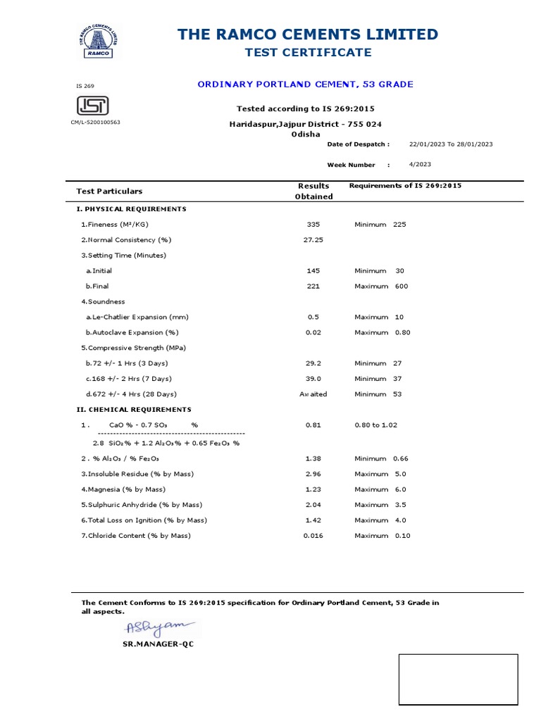 The Ramco Cements Limited: Test Certificate | PDF | Building Materials ...