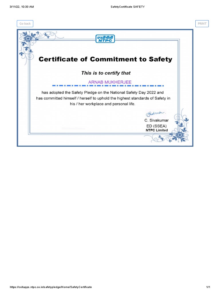 NTPC Safety Certificate Overview | PDF