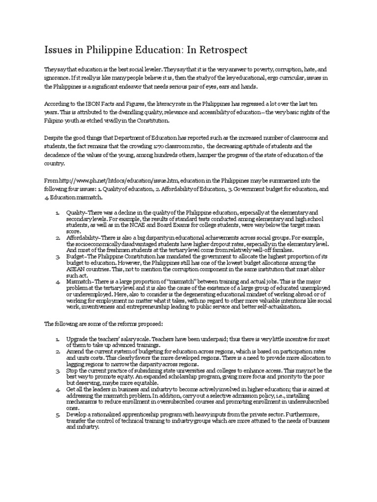 Issues in Philippine Education | PDF | Curriculum | Quality Of Life