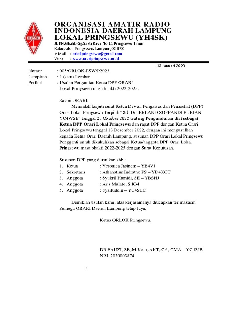 Surat Usulan Pergantian DPP Orari | PDF