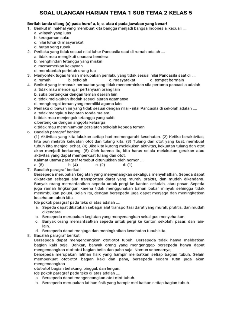 Soal Ulangan Harian Tema 1 Sub Tema 2 Kelas 5 | PDF