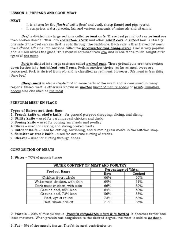 Lesson 1: Prepare and Cook Meat Meat: Than Beef | PDF | Entrée | Beef