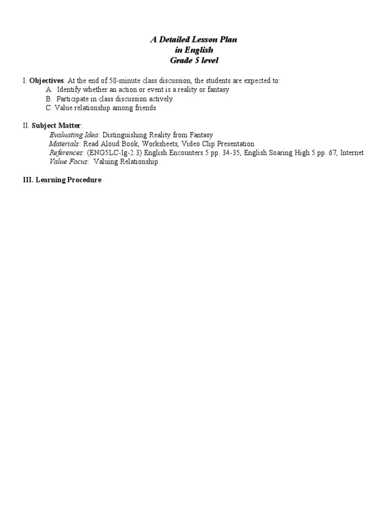 English LESSON PLAN | PDF | Reality | Lesson Plan