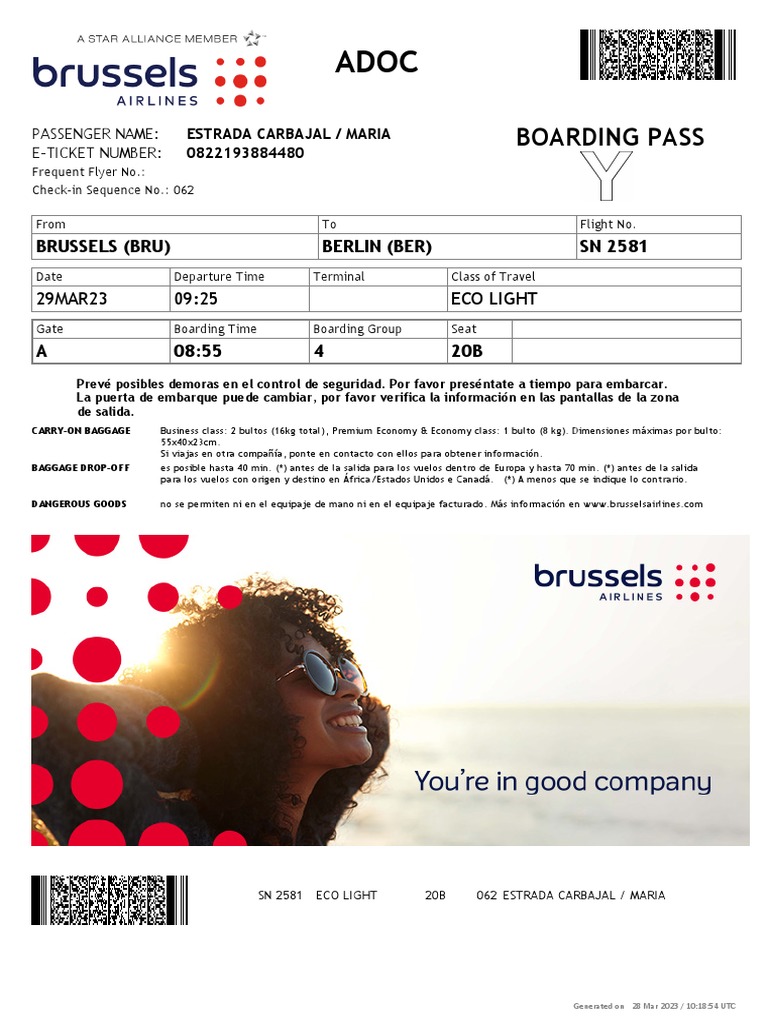 Boarding Pass: Brussels (Bru) Berlin (Ber) SN 2581 | PDF | Compañías de transporte | Transporte
