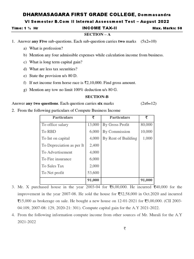 Dharmasagara First Grade College:, Dommasandra Income Tax-Ii Section ...