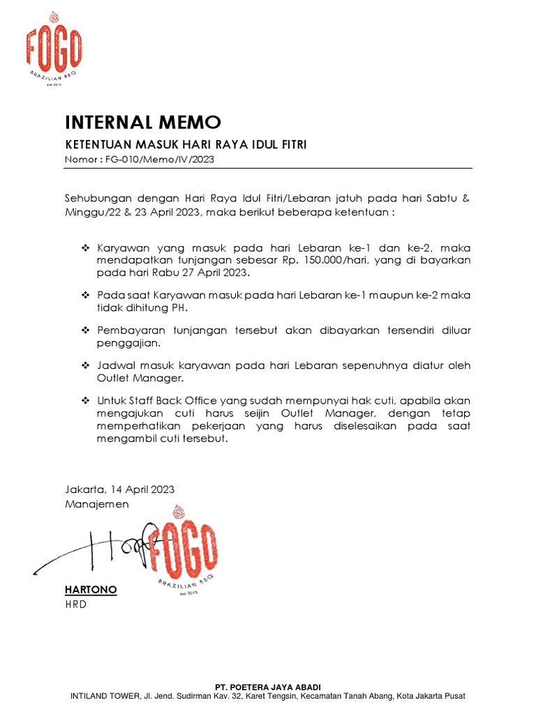 Memo Masuk Kerja Hari Lebaran | PDF | Pengelolaan Keuangan & Uang