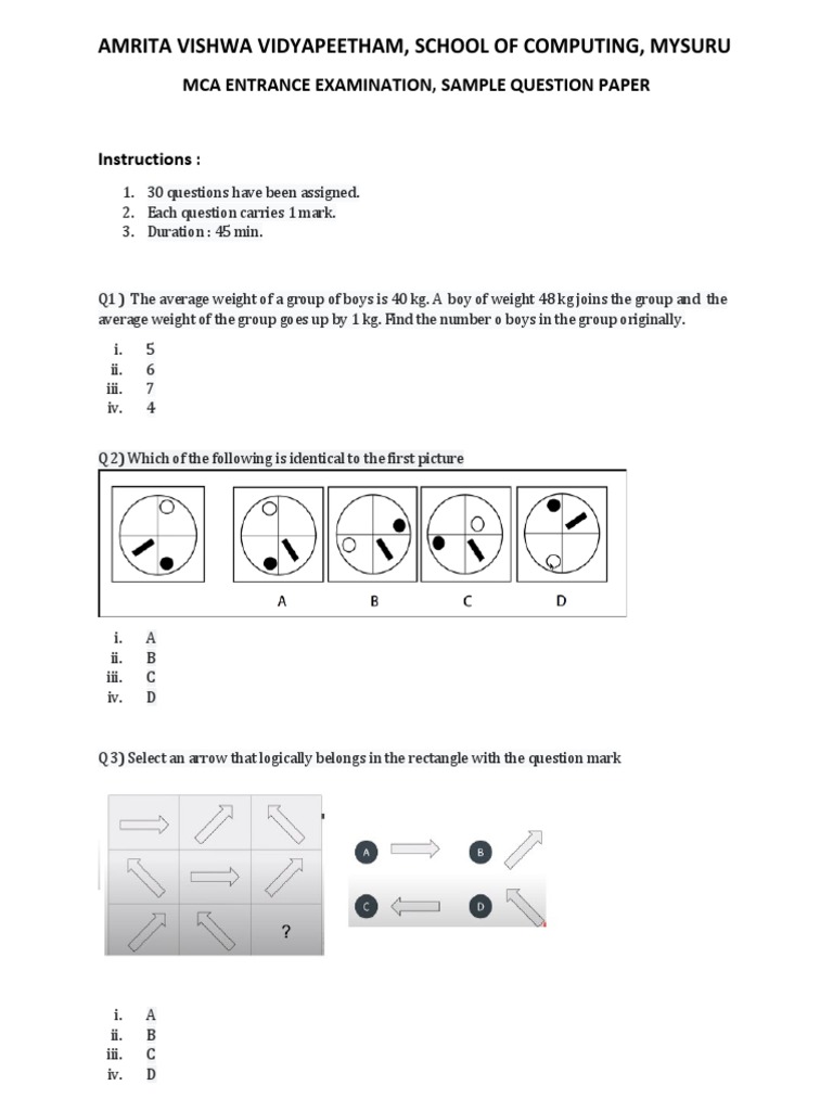 AMRITA VISHWA VIDYAPEETHAM - MCA Entrance Examination Sample Paper | PDF | Malware | Computer ...