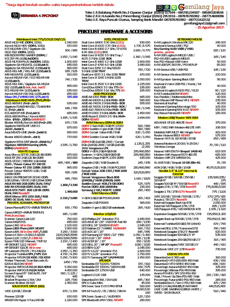 Pricelist Hardware & Accesoris: - 25 Agustus 2017 | PDF | Electronics ...