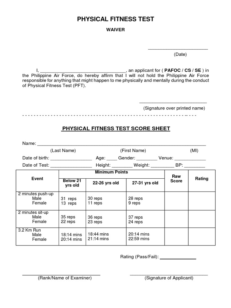 PFT Form Paf 2023 | PDF | Tests