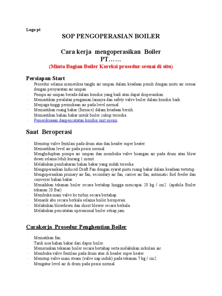 SOP BOILER (Cara Kerja Mengoperasikan Boiler) | PDF
