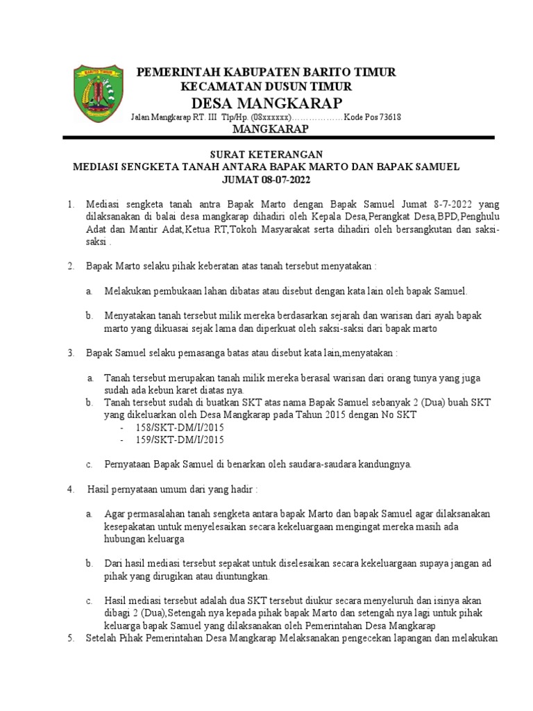 Surat Keterangan Mediasi Tanah | PDF