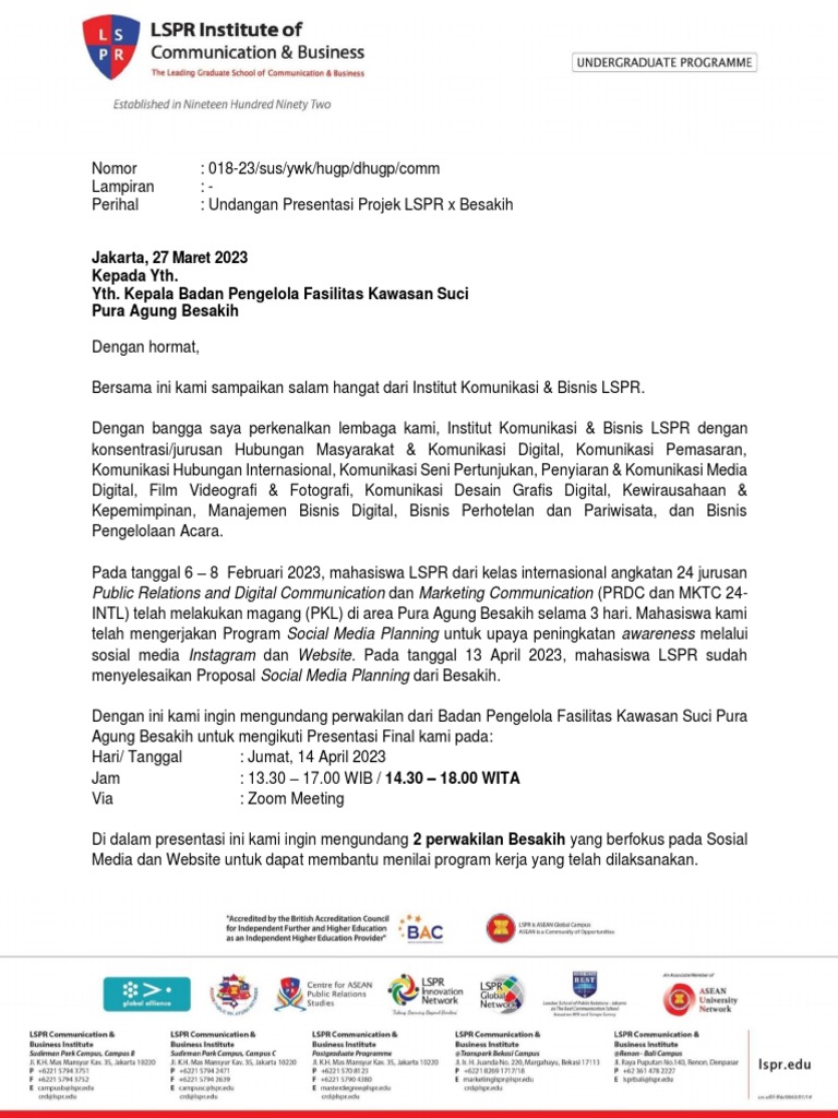 Undangan Presentasi Proyek LSPR | PDF | Karier & Perkembangan | Ilmu Sosial