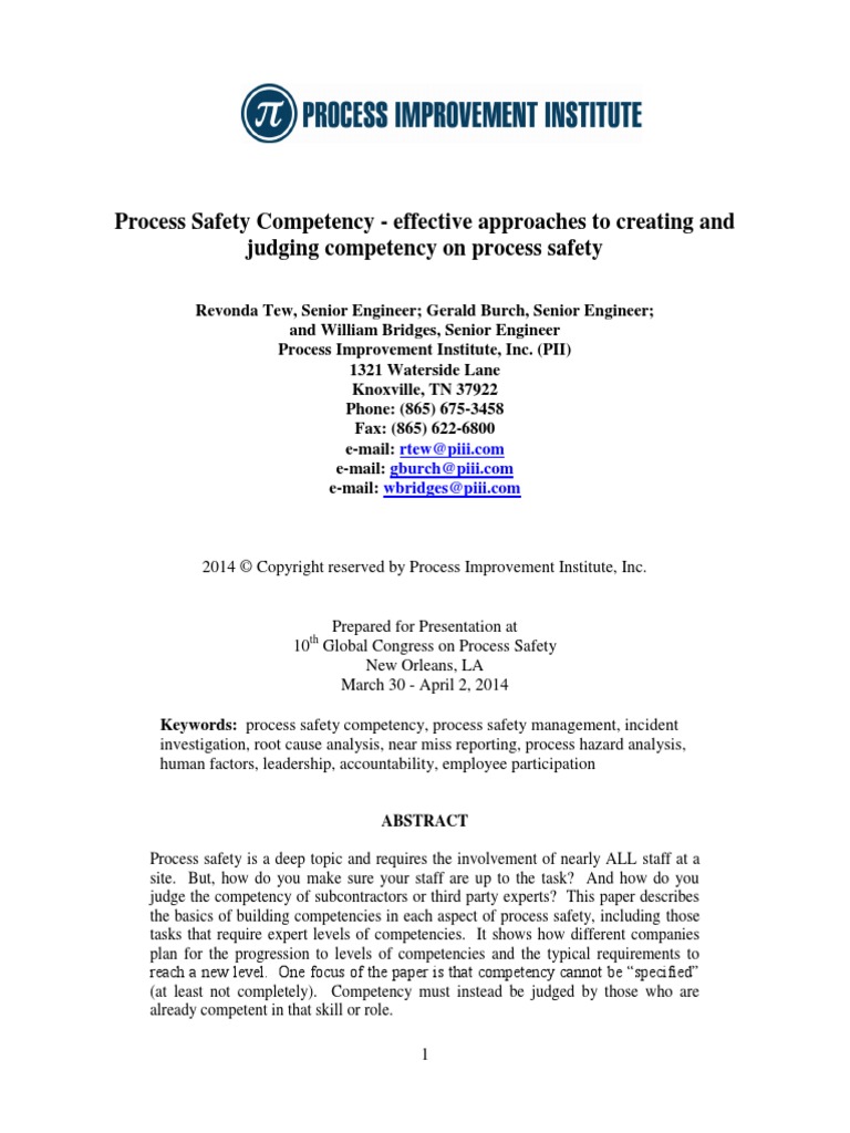 Process Safety Competency - Effective Approaches To Creating and Judging Competency On Process ...