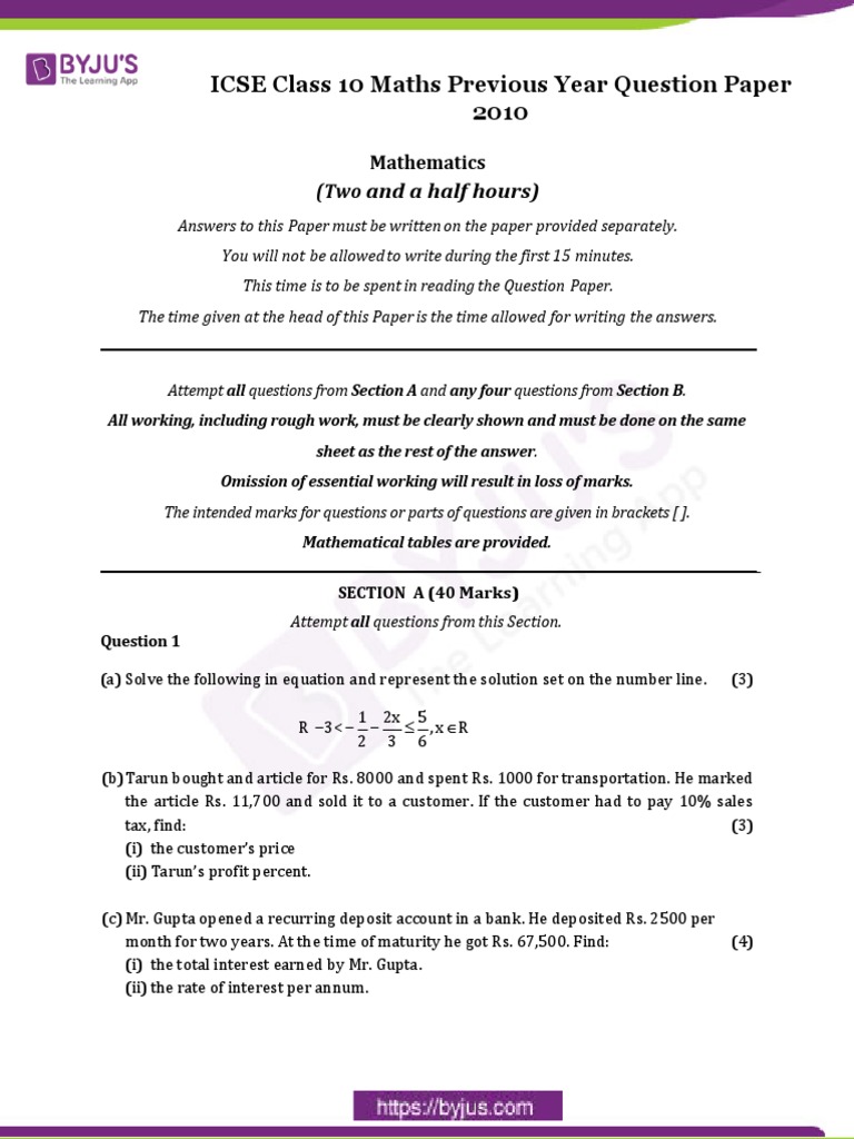 ICSE Class 10 Maths Previous Year Question Paper 2010 | PDF | Triangle ...
