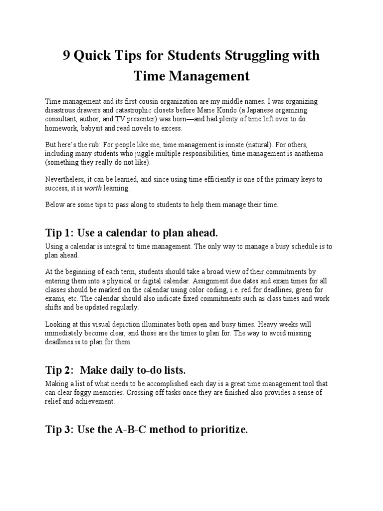 9 Quick Tips For Students Struggling With Time Management | PDF
