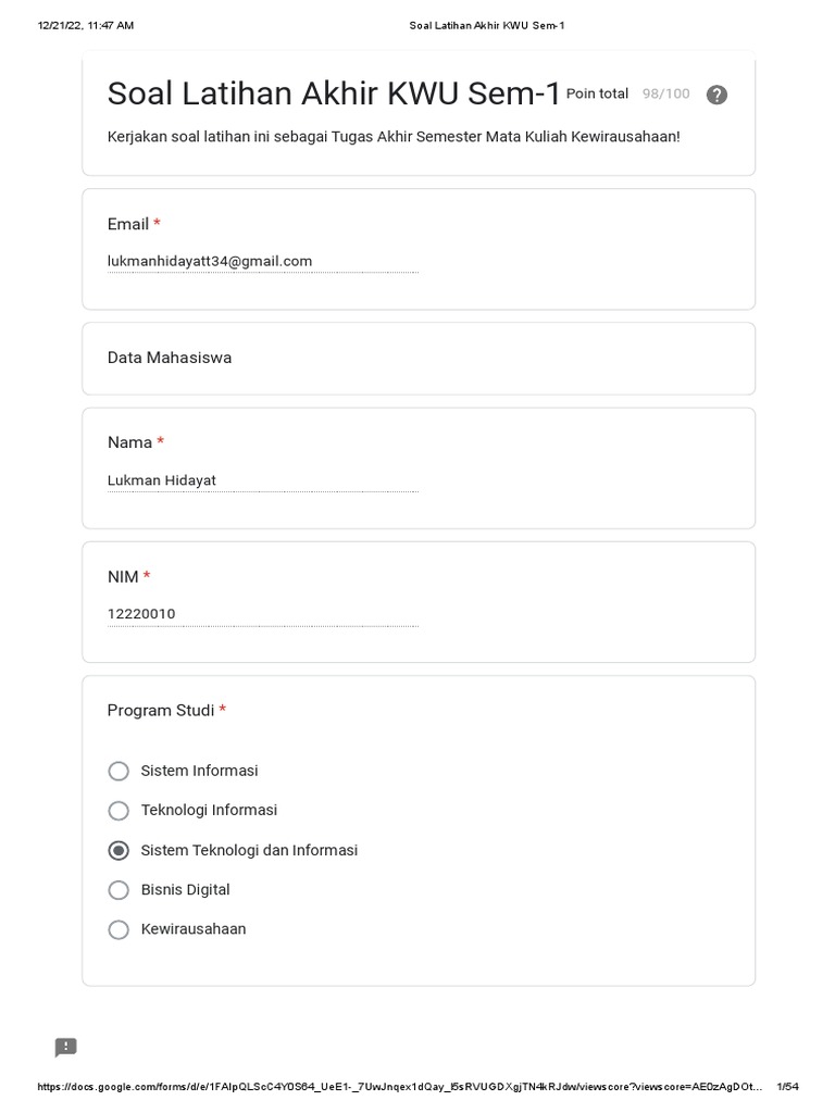 Soal Latihan Akhir KWU Sem-1: Email | PDF
