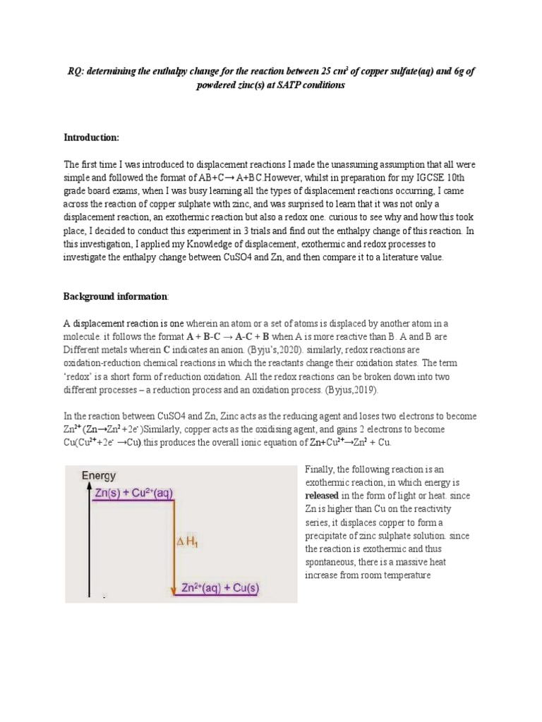 Chem Lab Report On Enthalpy Value of CuSo4 and ZN Reaction | PDF | Redox | Chemical Reactions