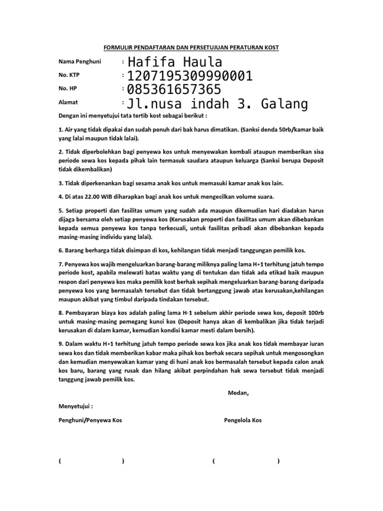 Formulir Pendaftaran Kost | PDF