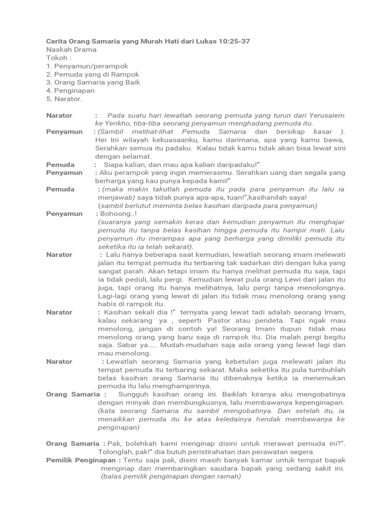 Cerita Orang Samaria Yang Murah Hati Dari Lukas 10 | PDF