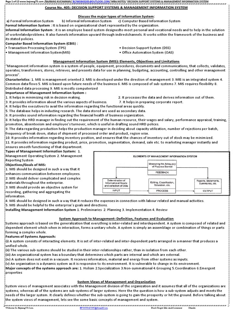 Course No 405 Decision Support Systems Management Information System ...