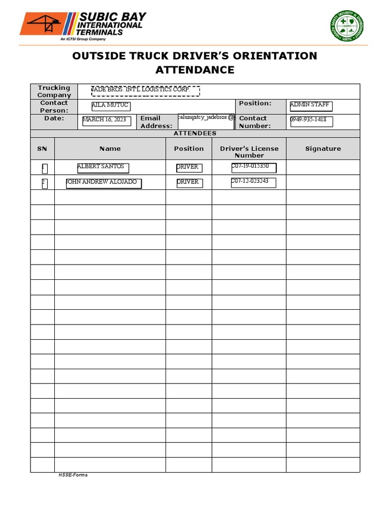 Attendance - Outside Truck Driver's Orientation | PDF