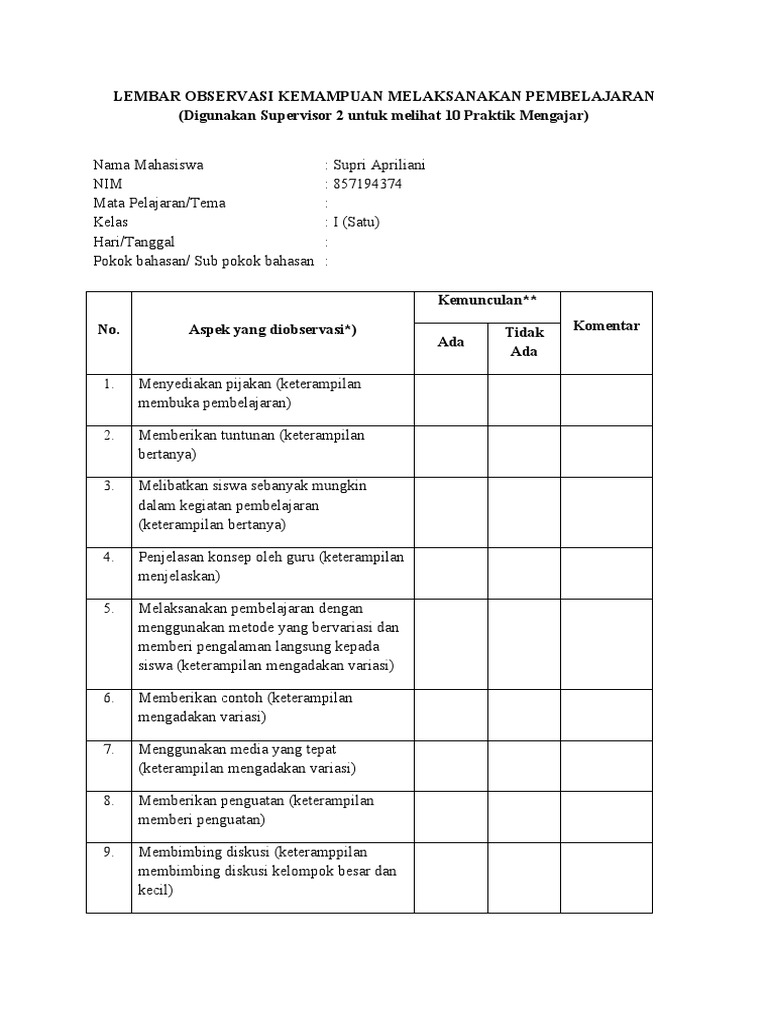 LEMBAR OBSERVASI, Refleksi Pembelajaran Dan RPP (PKM) | PDF | Karier & Perkembangan