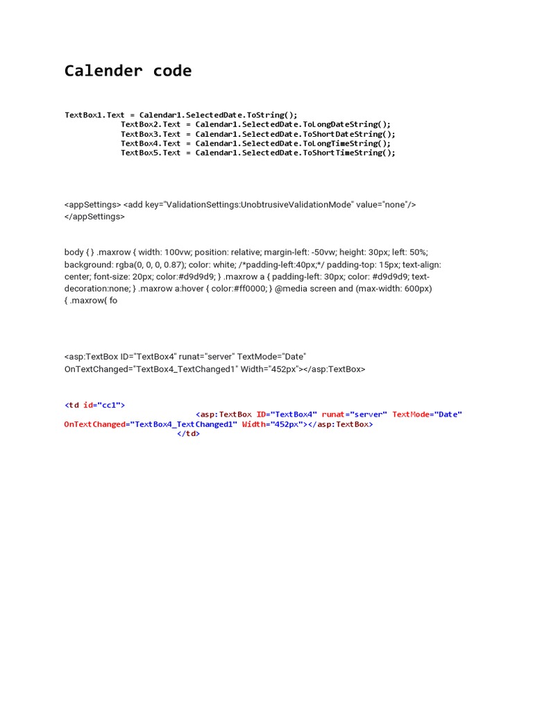 Calender Code: TD Asp Textbox Asp Textbox TD | PDF