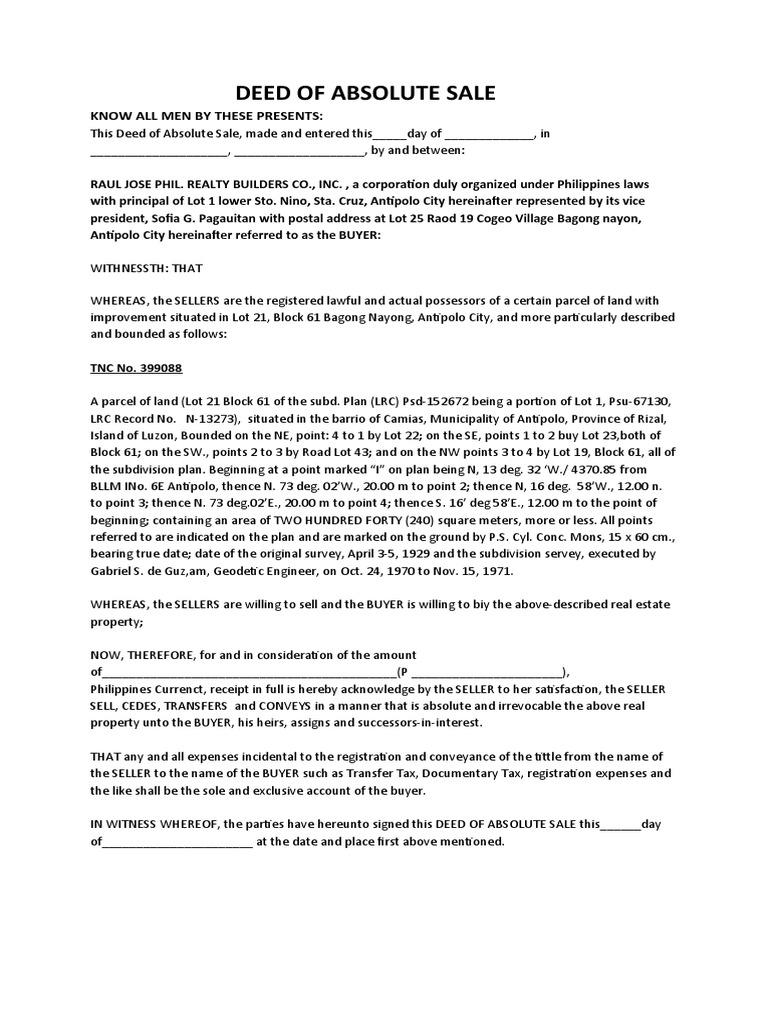 Deed of Absolute Sale | PDF | Justice | Crime & Violence