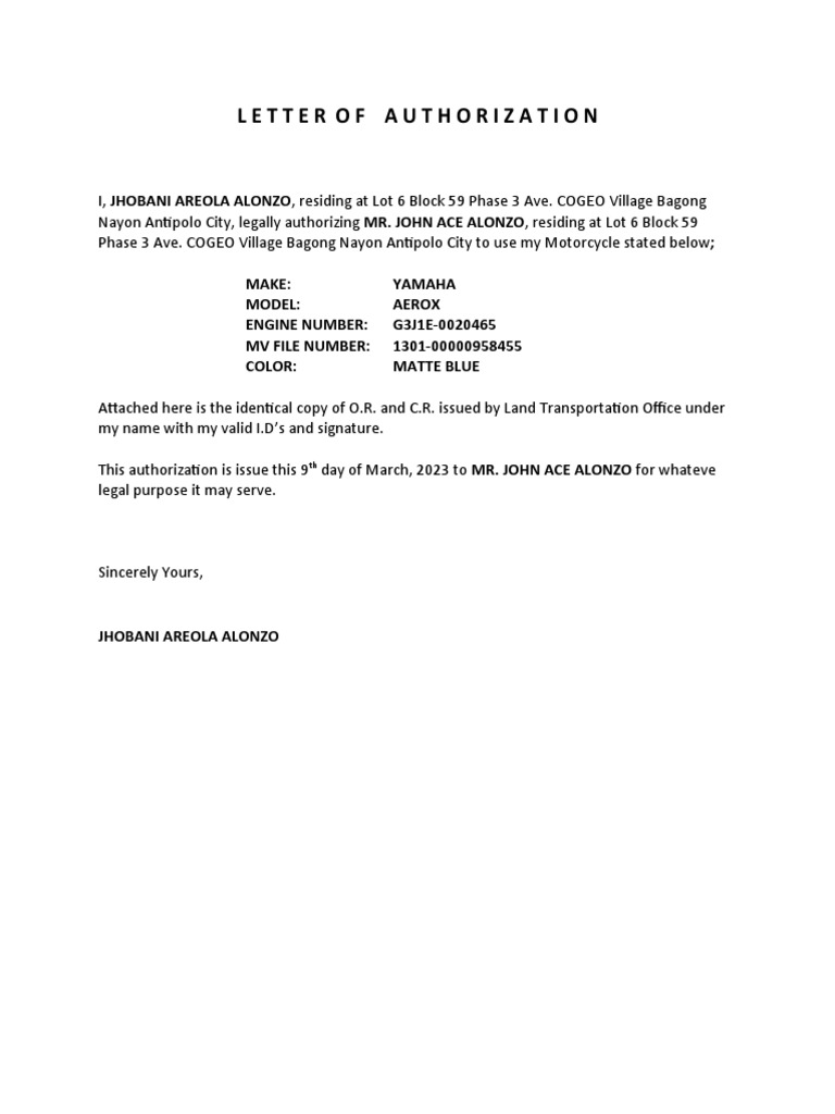 Authorization Letter for Motorcycle Use | PDF